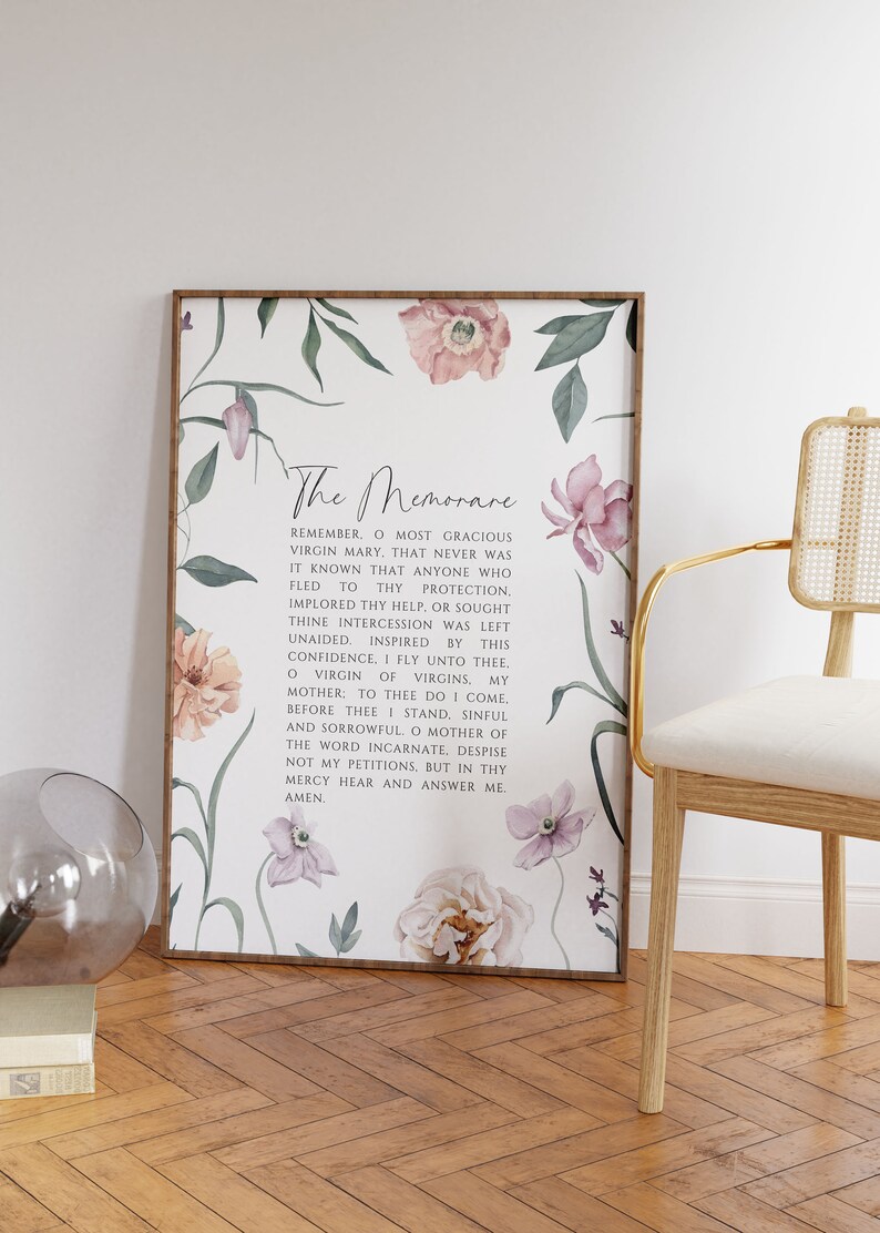 The Memorare Prayer Print: Virgin Mary Floral Catholic Wall Art ...
