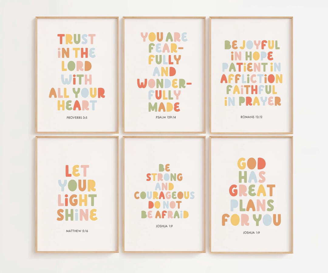 Set of 6 Colorful Funky Kids Bible Verse, Christian Nursery Decor ...