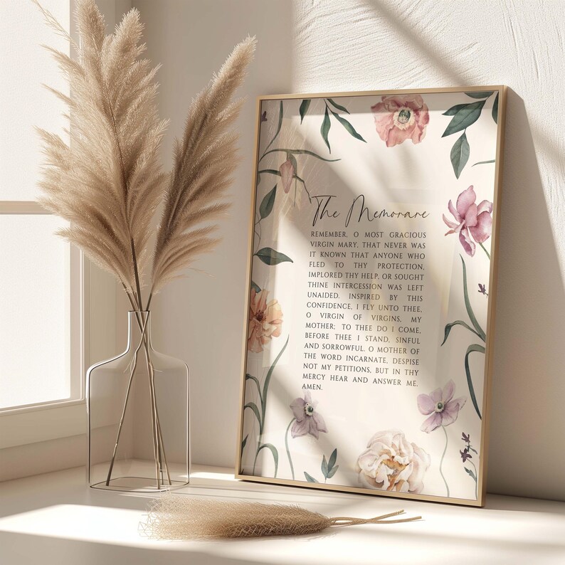 The Memorare Prayer Print: Virgin Mary Floral Catholic Wall Art ...
