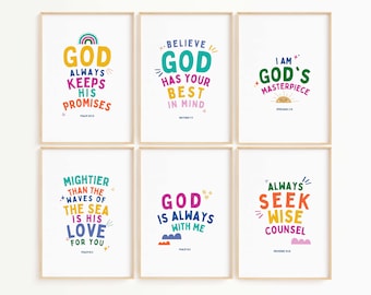 Set of 6 Bible Verse Wall Art, Simple Memory Verses for Kids, Sunday ...