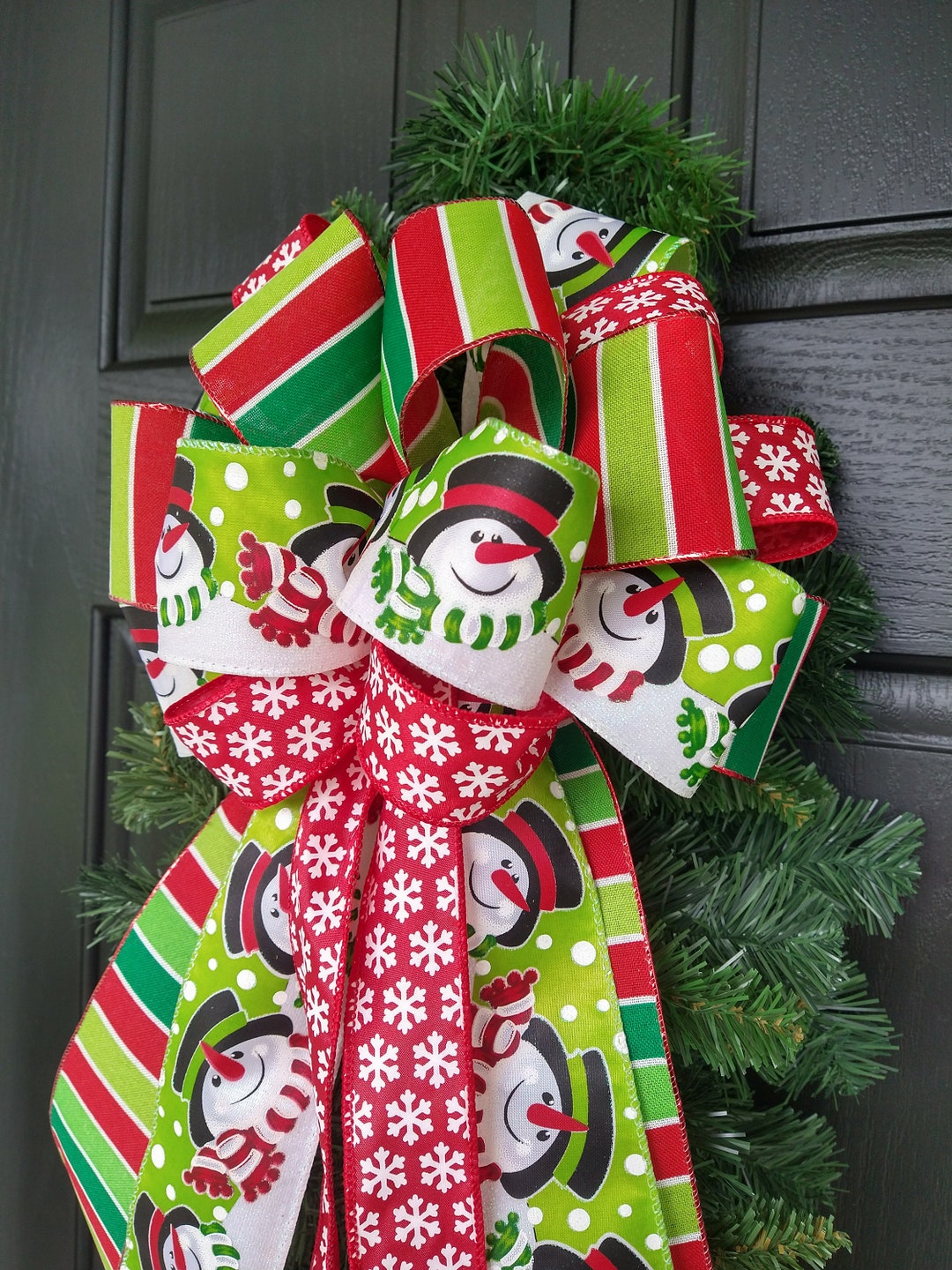 Snowman Bow snowmen Red and Green Bow Grinch Green wreath Bow Swag Bow ...