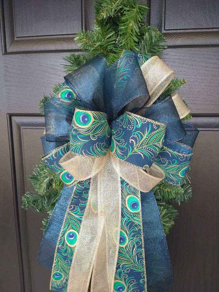 Peacock Bow Wired Peacock Navy and Gold Ribbon Bow for - Etsy