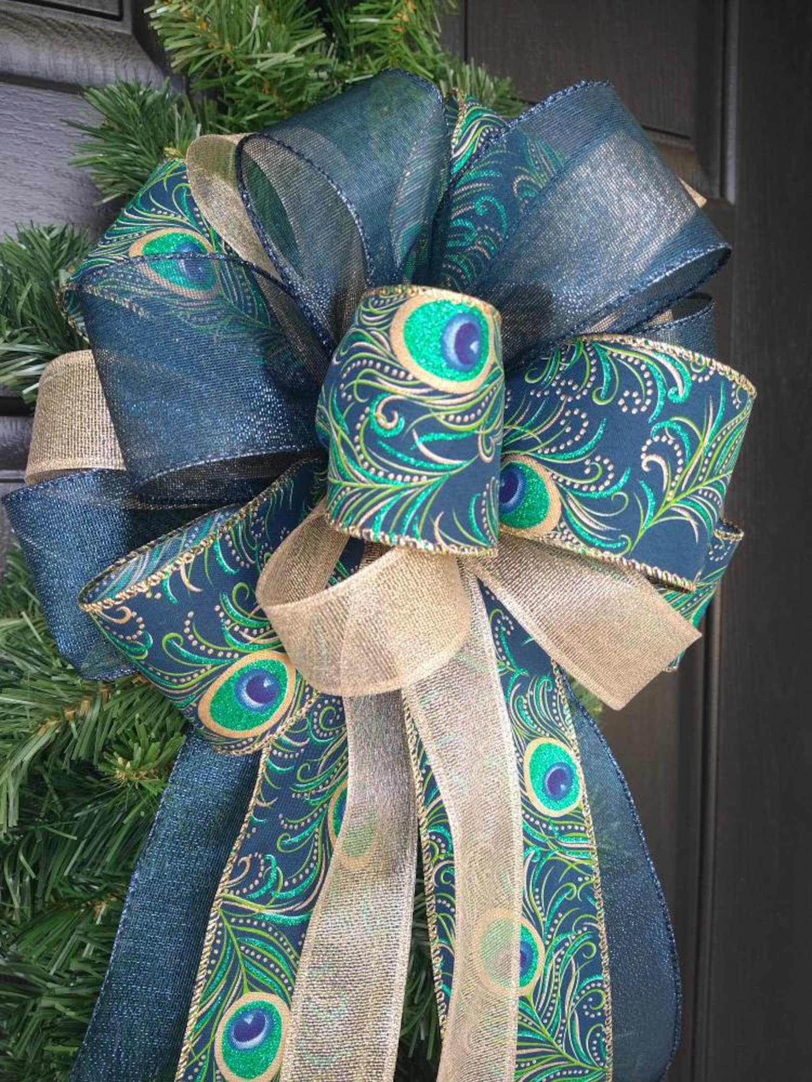 Peacock Bow Wired Peacock Navy and Gold Ribbon Bow for - Etsy