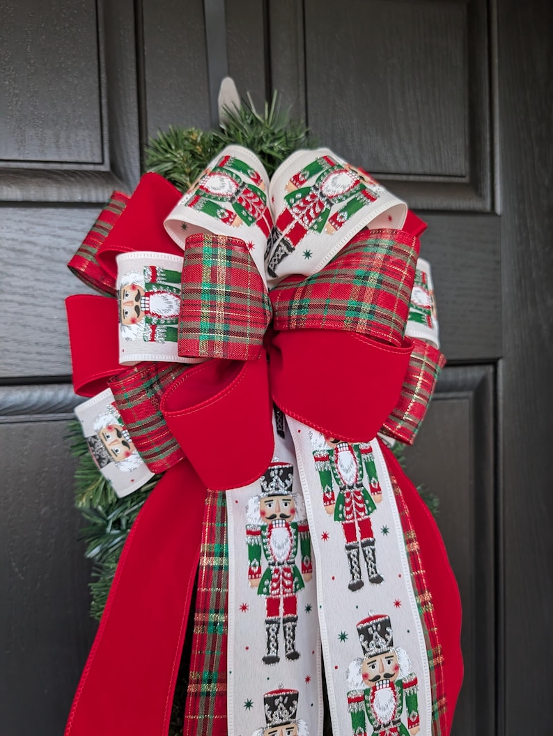 Nutcracker Bugle Boy Soldier, Red Tartan, and Red Velvet Wreath Bow - Etsy