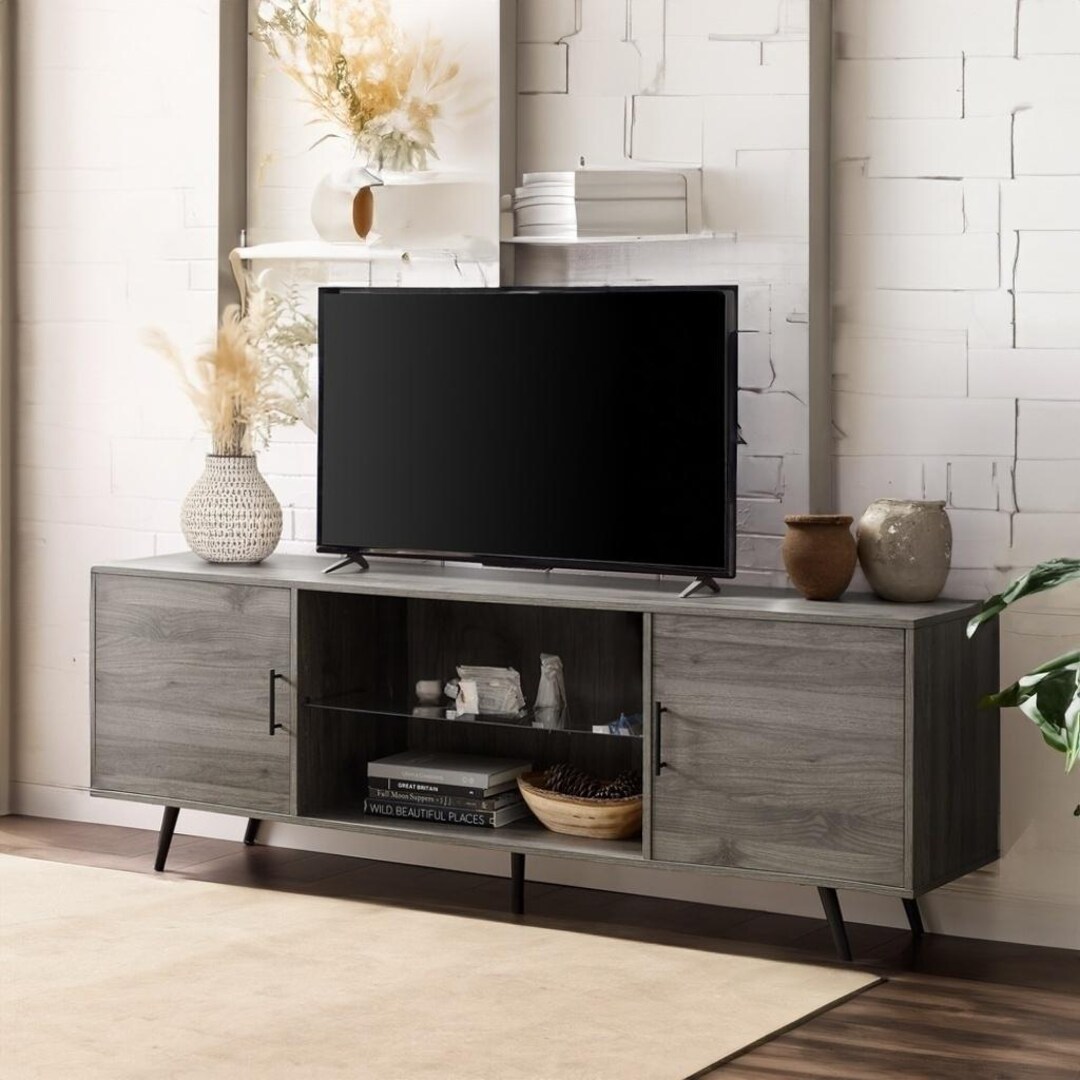 Mid Century Modern TV Stand, Slate Gray, 70-inch Entertainment Center ...