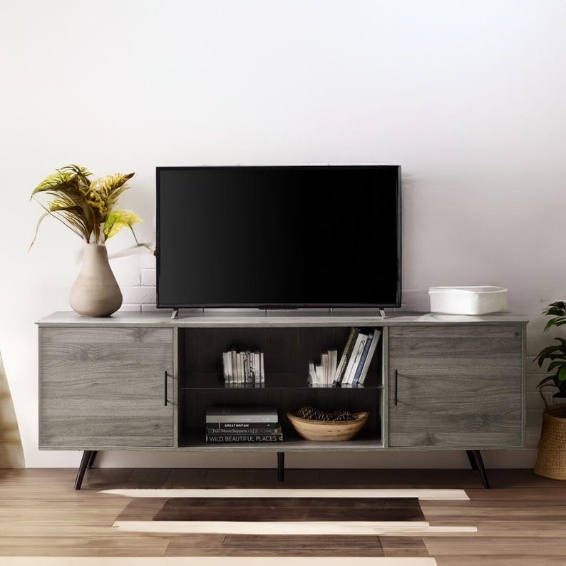Mid Century Modern TV Stand, Slate Gray, 70-inch Entertainment Center ...