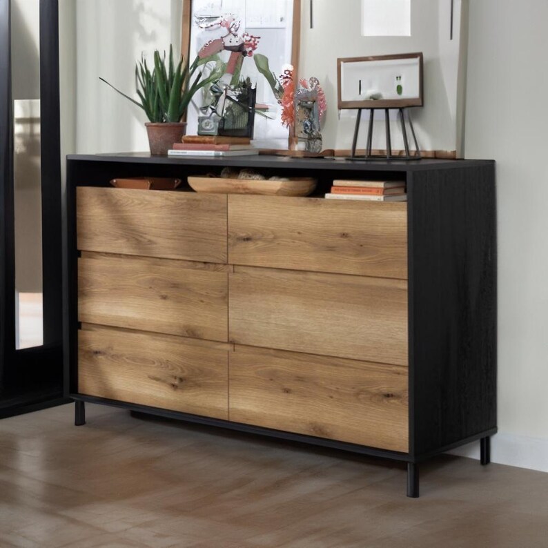 Modern Black 6-drawer Dresser With Open Storage Cubbies, Minimalist ...