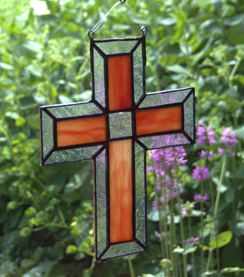 Stained Glass Cross Peach or Iridescent Blue/green Suncatcher - Etsy