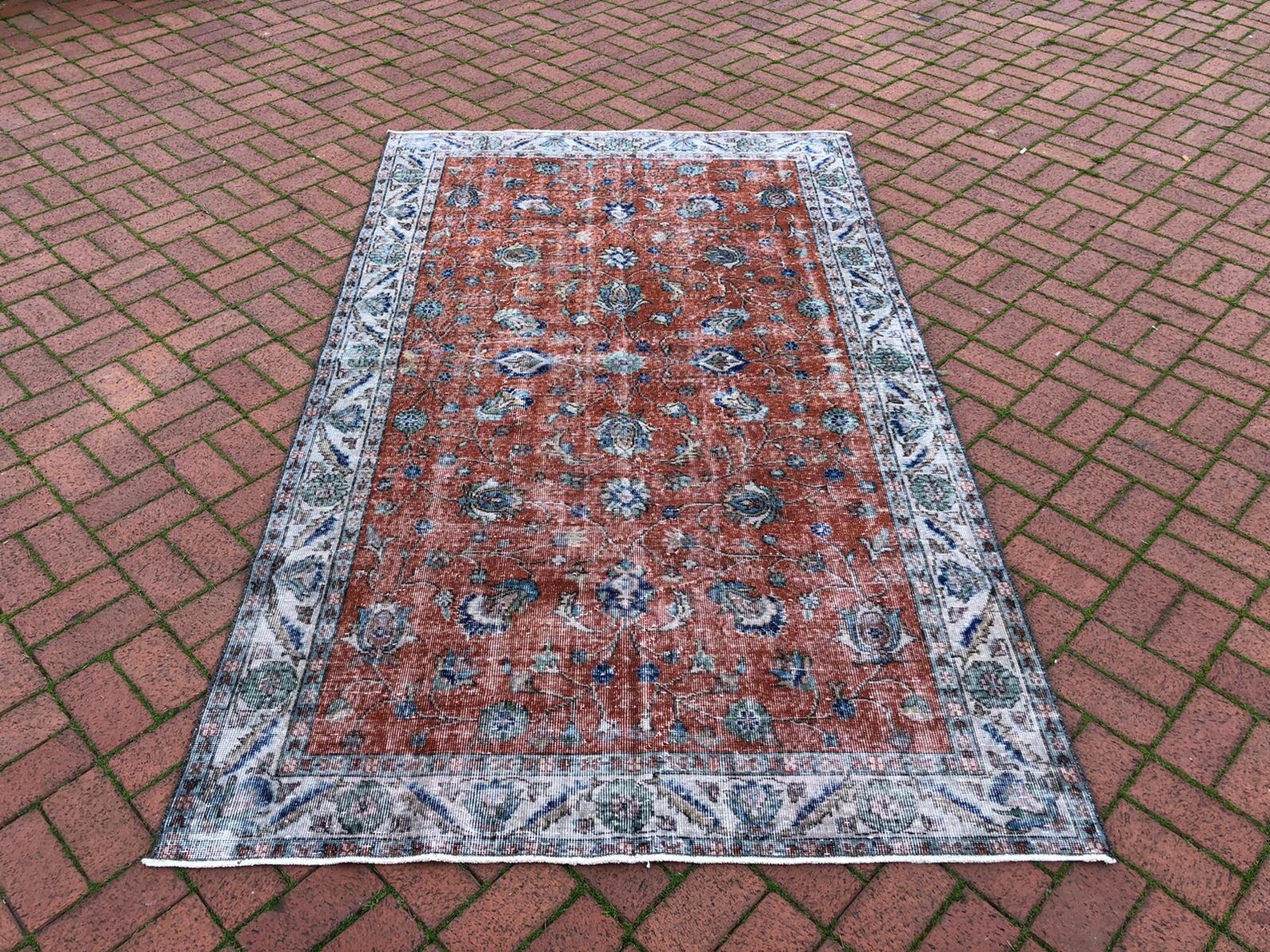 Brick Color Rug, Red Rug, Gray Rug, Floral Rug, Vintage Rug, 5x8.5 Ft ...