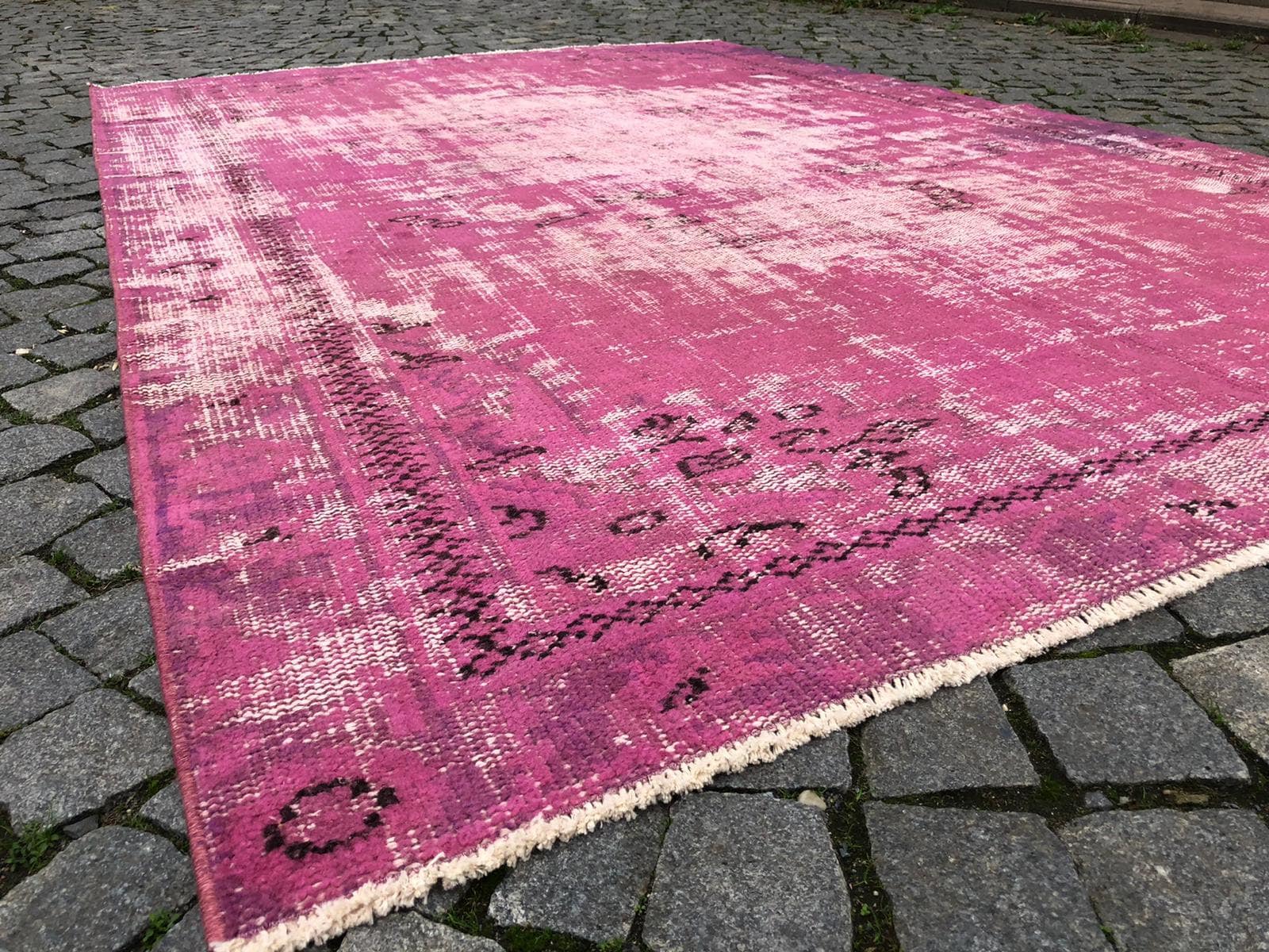 Black Floral Patterned Pink Carpet Cotton & Wool Rug Vintage | Etsy