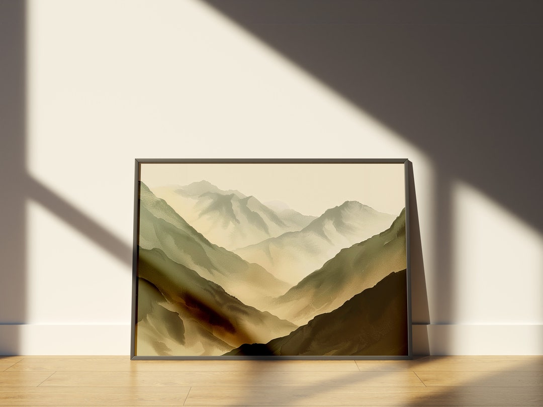 Atmospheric Landscape, Watercolor Painting, Misty Mountain Range, Print ...