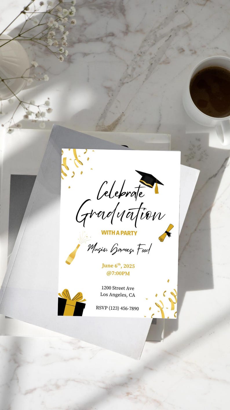 Graduation Party Invitation | Class of 2025 Editable Template | Gold ...