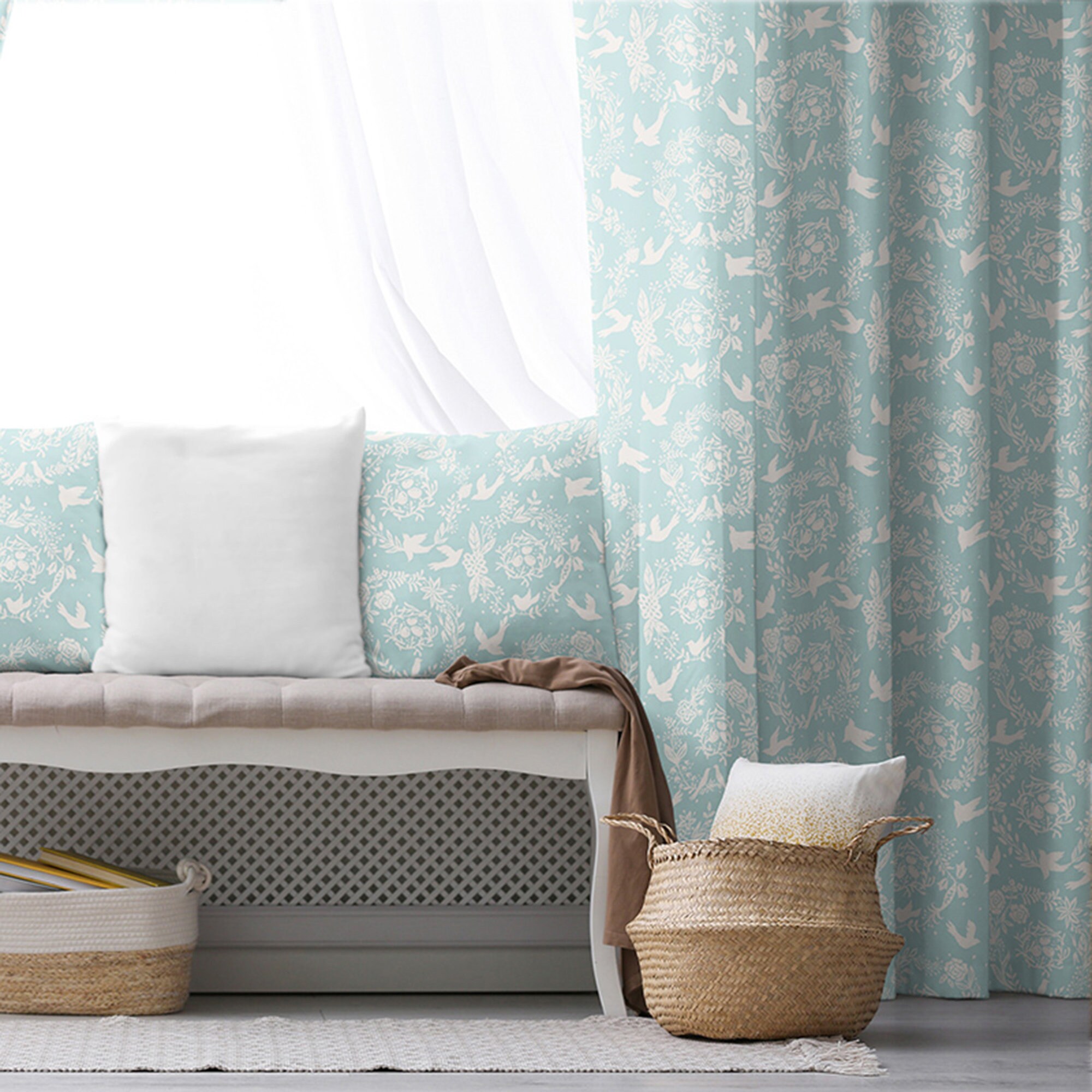 Curtain, Curtain Panel, Blue Curtain, Bird Pattern, Bird Curtain ...