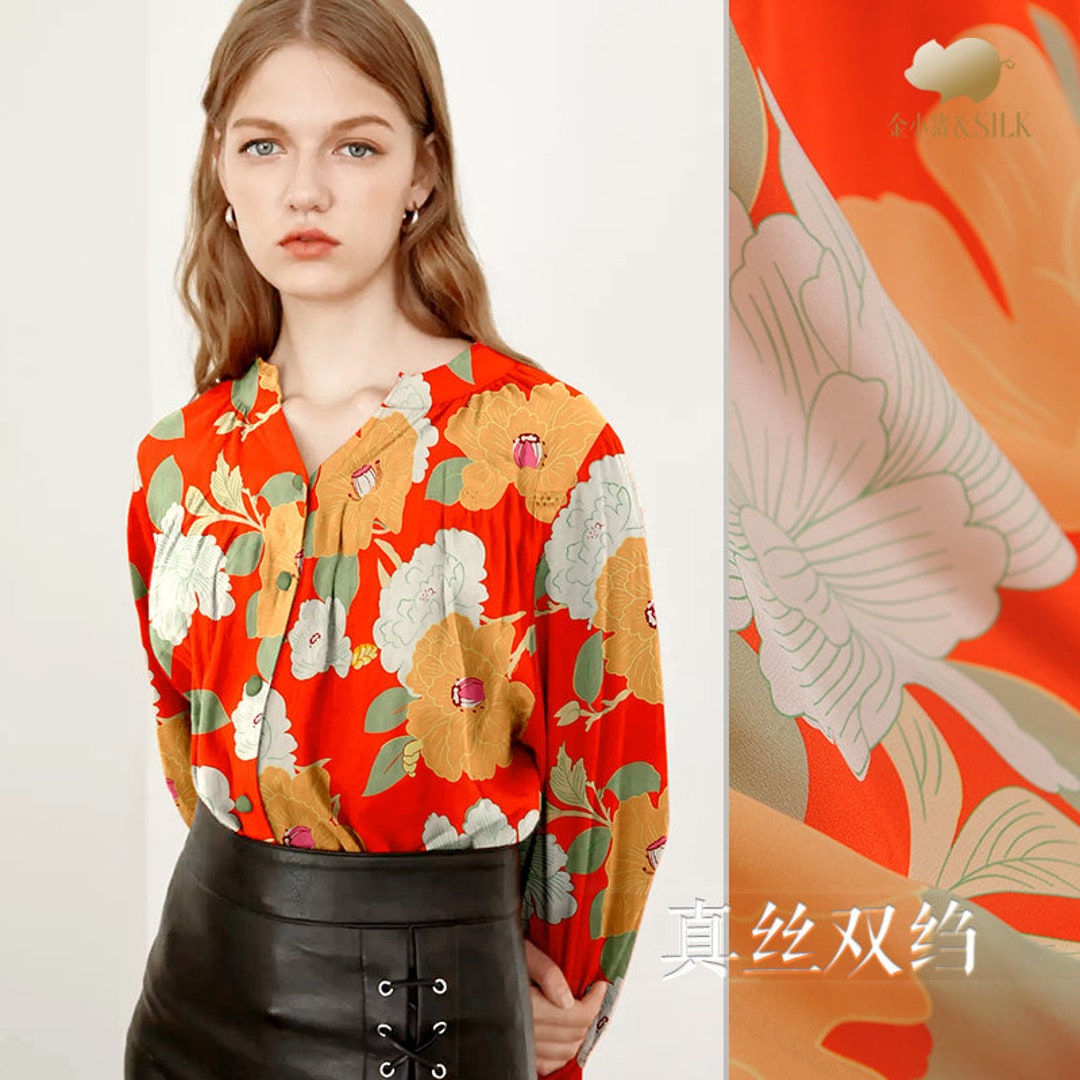 Red Fabric Large Flower Print Pattern 100% Silk Crepe De Chine Fabric ...