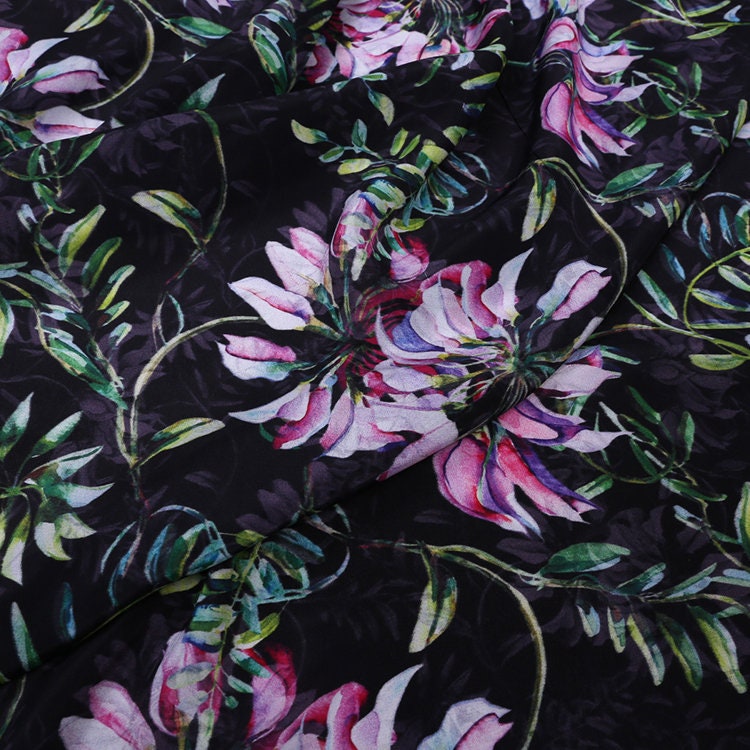 Black Fabric Large Flower Pattern Printing 100% Silk Crepe De - Etsy