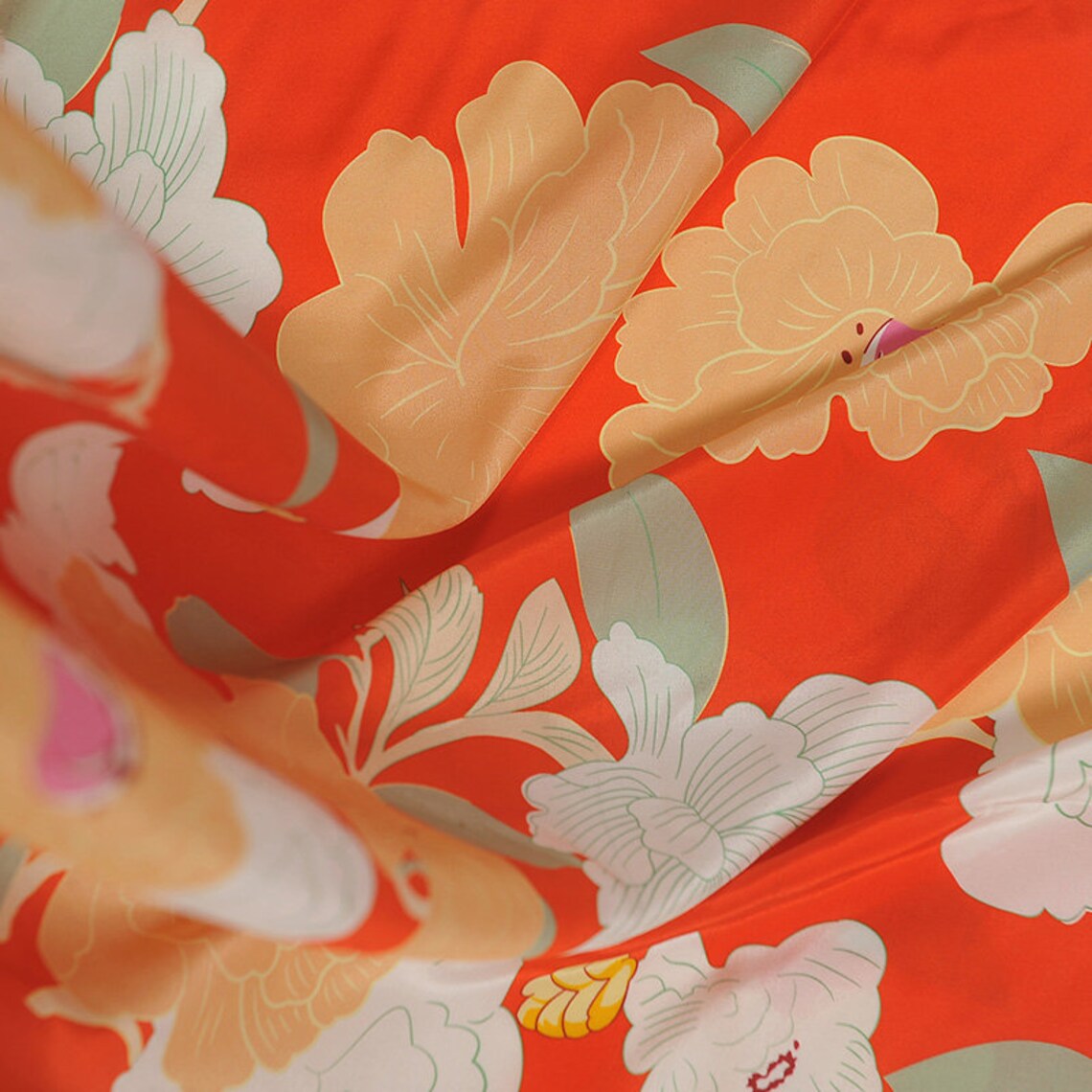 Red Fabric Large Flower Print Pattern 100% Silk Crepe De Chine Fabric ...