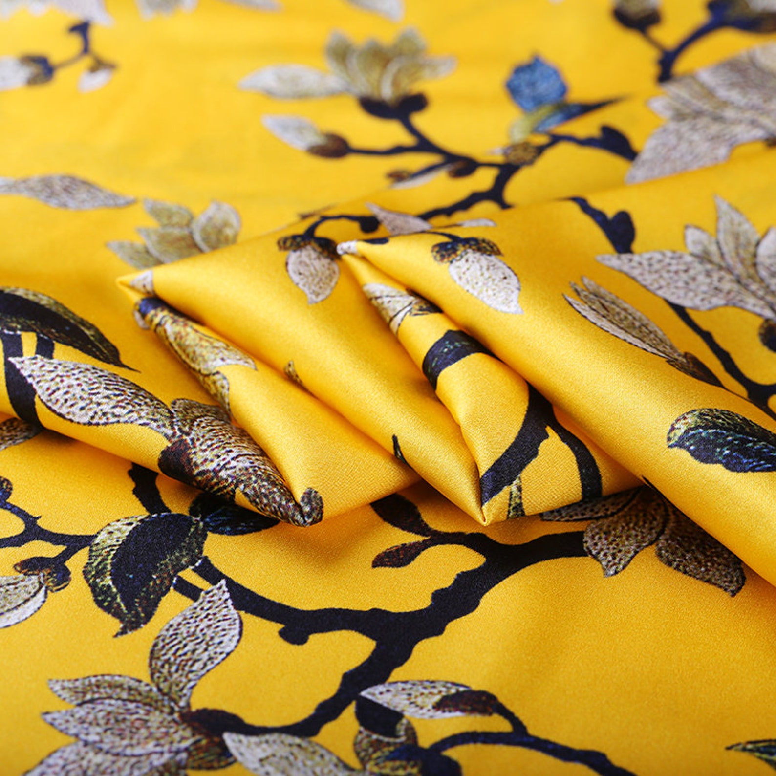 Golden Yellow Fabric Floral Pattern Printing Fabric Stretch Etsy