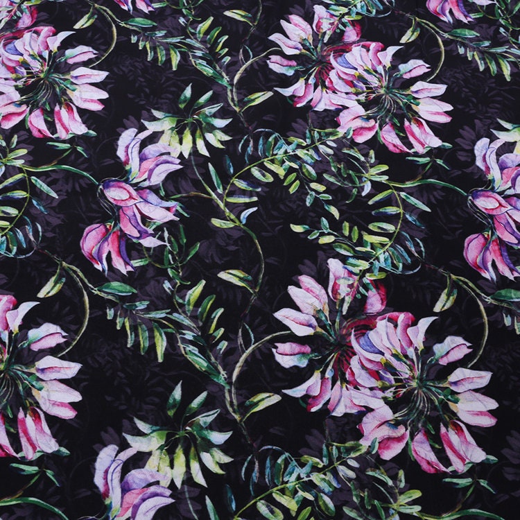 Black Fabric Large Flower Pattern Printing 100% Silk Crepe De - Etsy