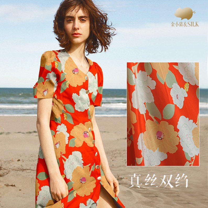 Red Fabric Large Flower Print Pattern 100% Silk Crepe De Chine Fabric ...