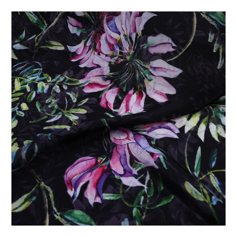 Black Fabric Large Flower Pattern Printing 100% Silk Crepe De - Etsy