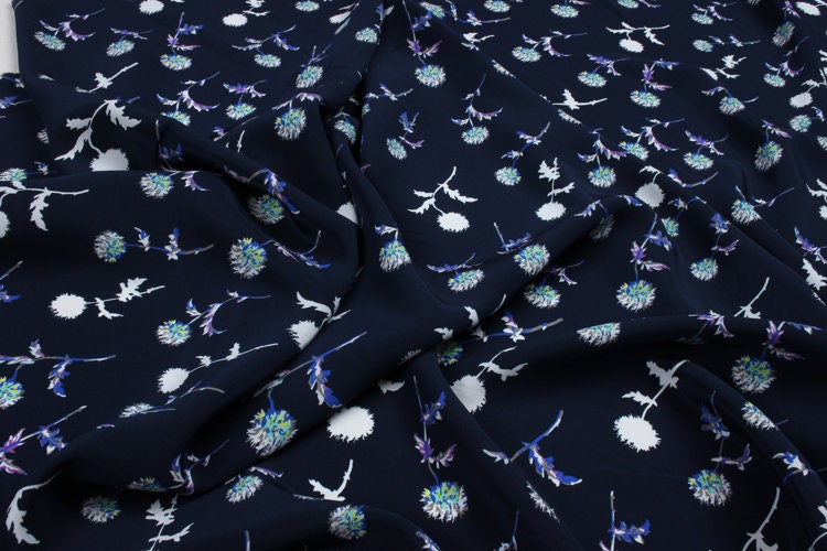 Blue Fabric, White Small Flower Pattern Printing 100% Silk Crepe De ...