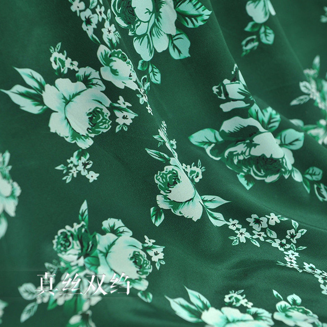 Emerald Green Fabric, Floral Pattern Printing 100% Silk Crepe De Chine ...