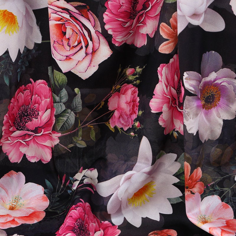 Black Fabric Colorful Flower Pattern Printing Fabric Stretch - Etsy