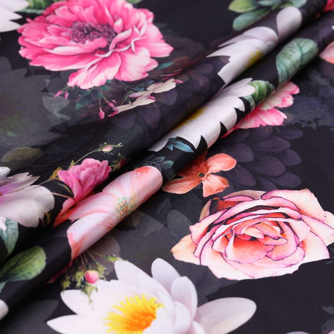 Black Fabric Colorful Flower Pattern Printing Fabric Stretch - Etsy