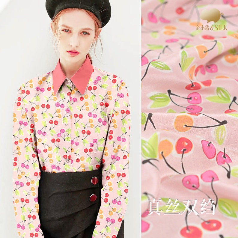 Pink Fabric Colorful Small Cherry Print Pattern 100% Silk - Etsy