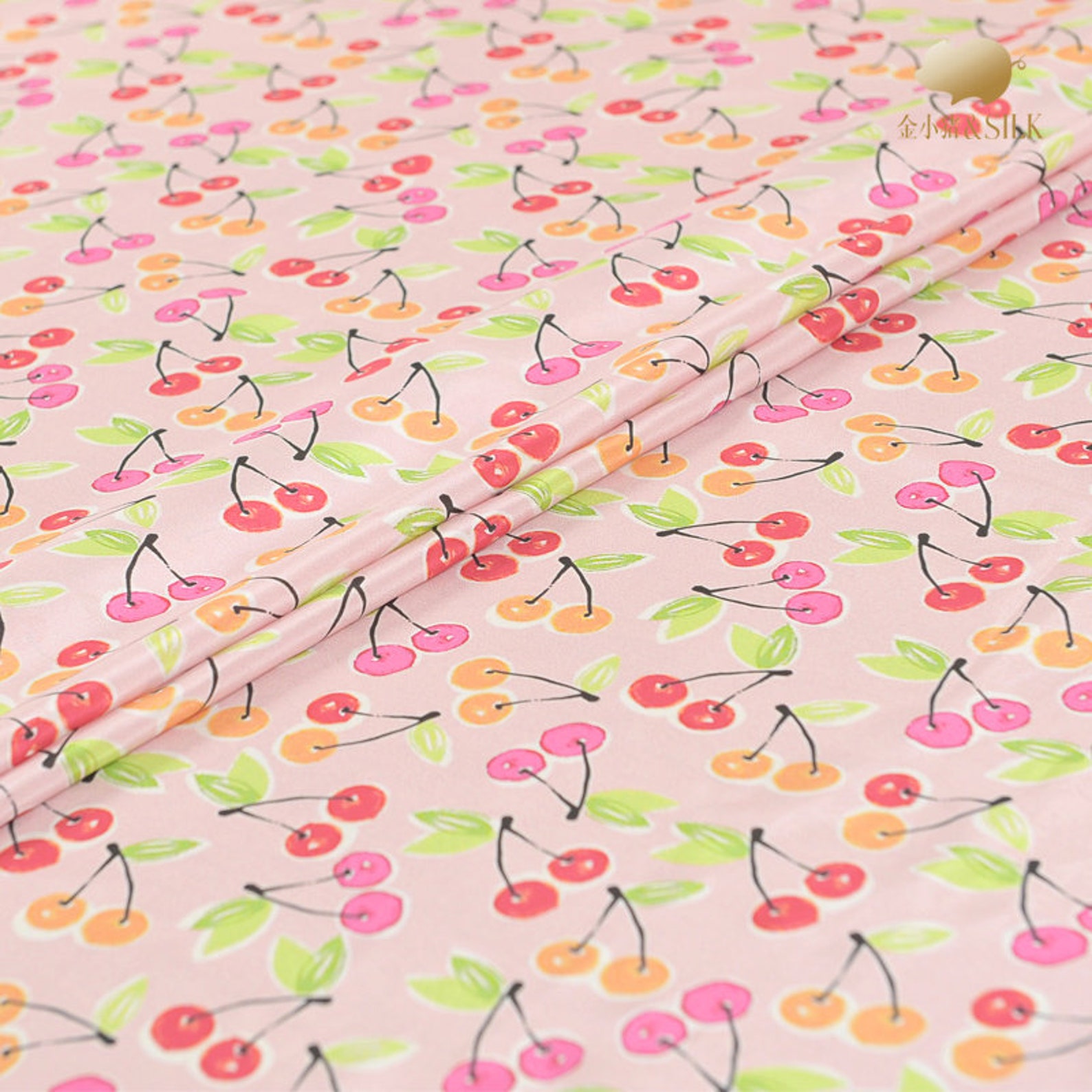 Pink Fabric Colorful Small Cherry Print Pattern 100% Silk - Etsy