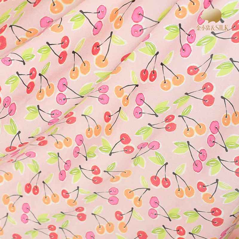Pink Fabric Colorful Small Cherry Print Pattern 100% Silk - Etsy