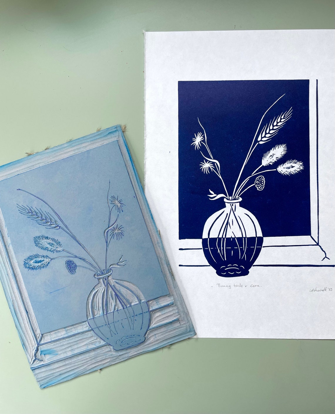 Bunny Tails & Corn Original Lino Print Signed Dated - Etsy