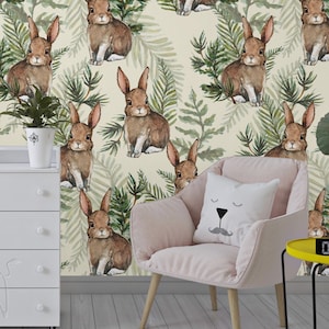 Woodland Bunny Kids Wallpaper, Pastel Color Cute Bunny Wall Mural ...