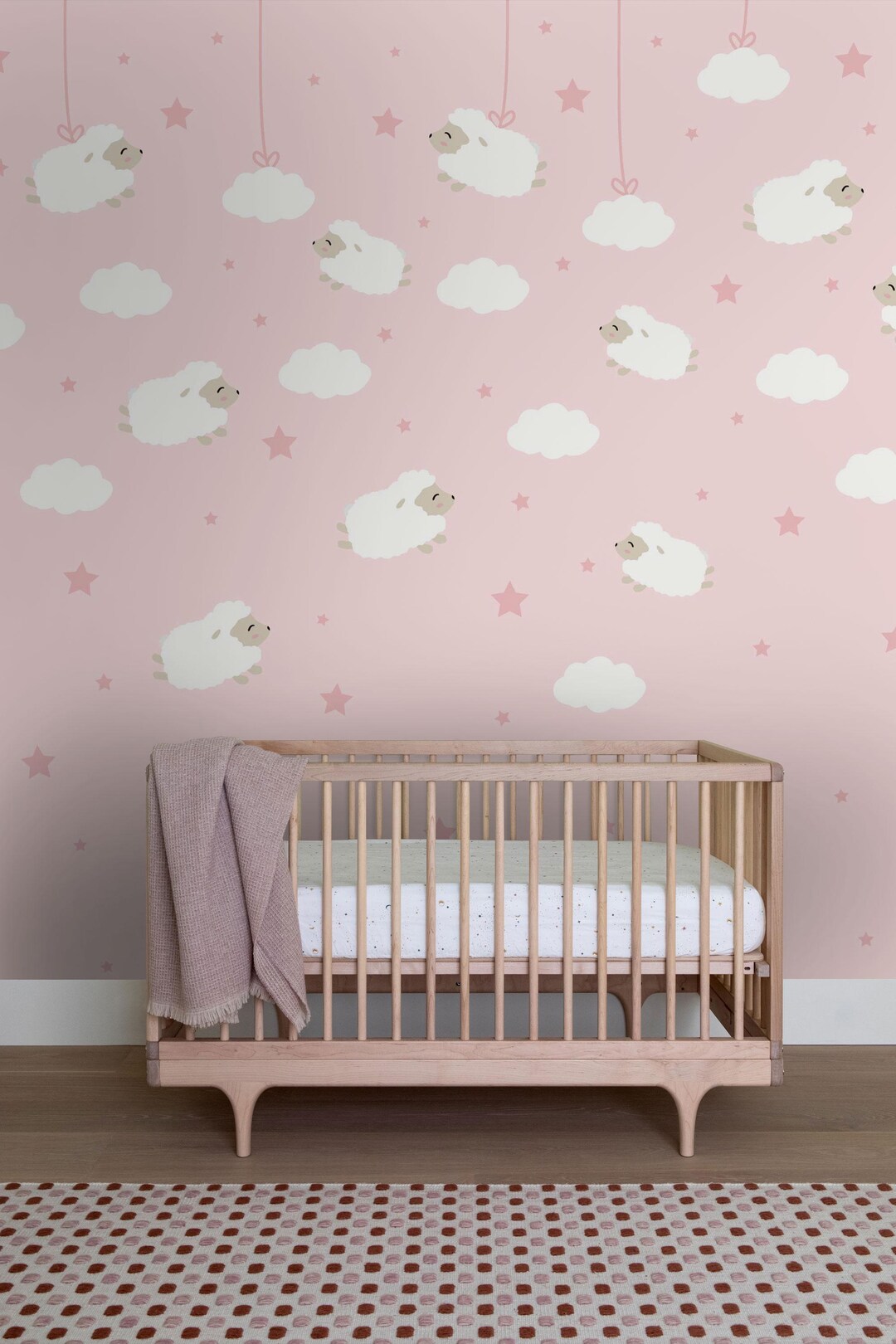 Counting Sheep Wall Mural – Pink Nursery Wallpaper – Dreamy Baby Room ...