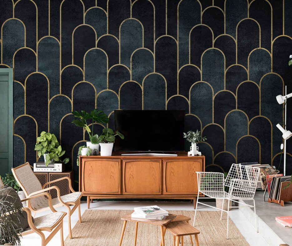 Dark Background Gold Arches Wallpaper Lines Living Room | Etsy