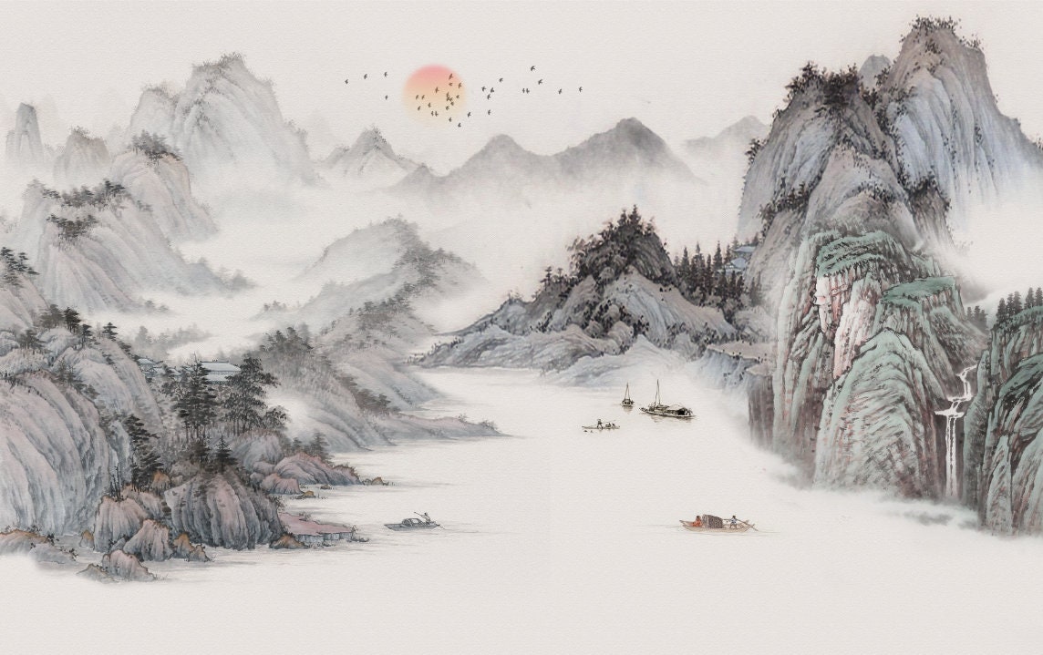 Chinese Zen Mood Wallpaper Chinoiserie Wall Decor Cloudy | Etsy