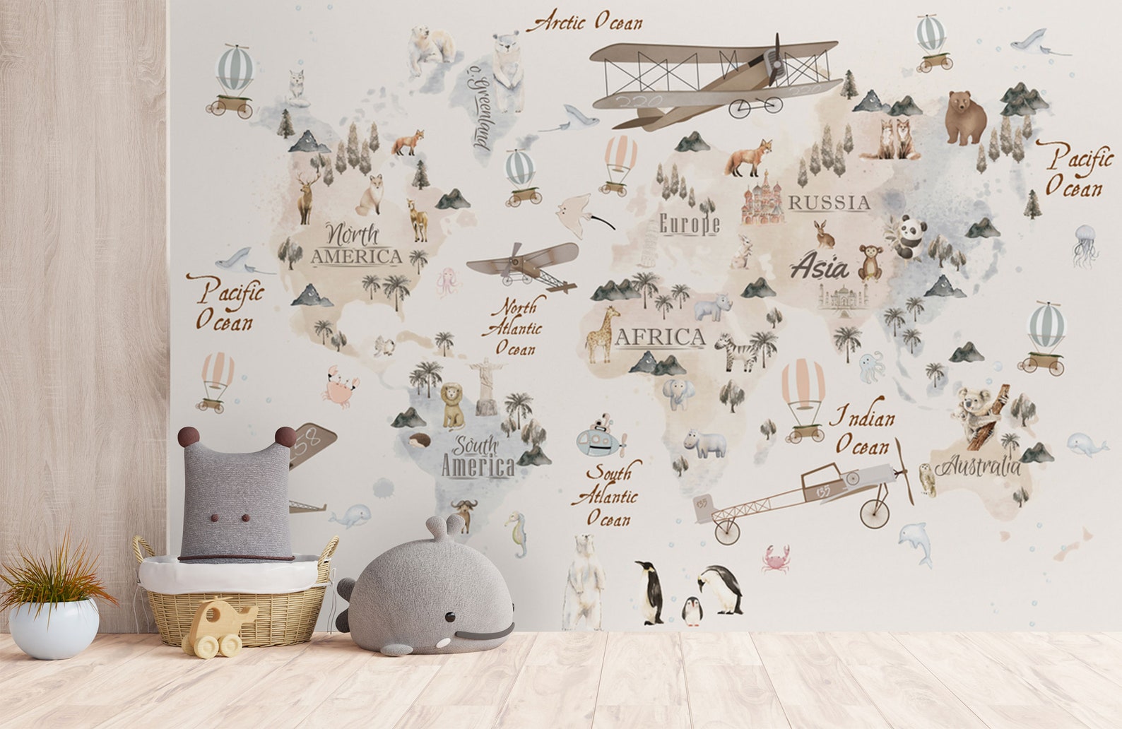Beige World Map Wallpaper for Kids Room Pastel Color - Etsy