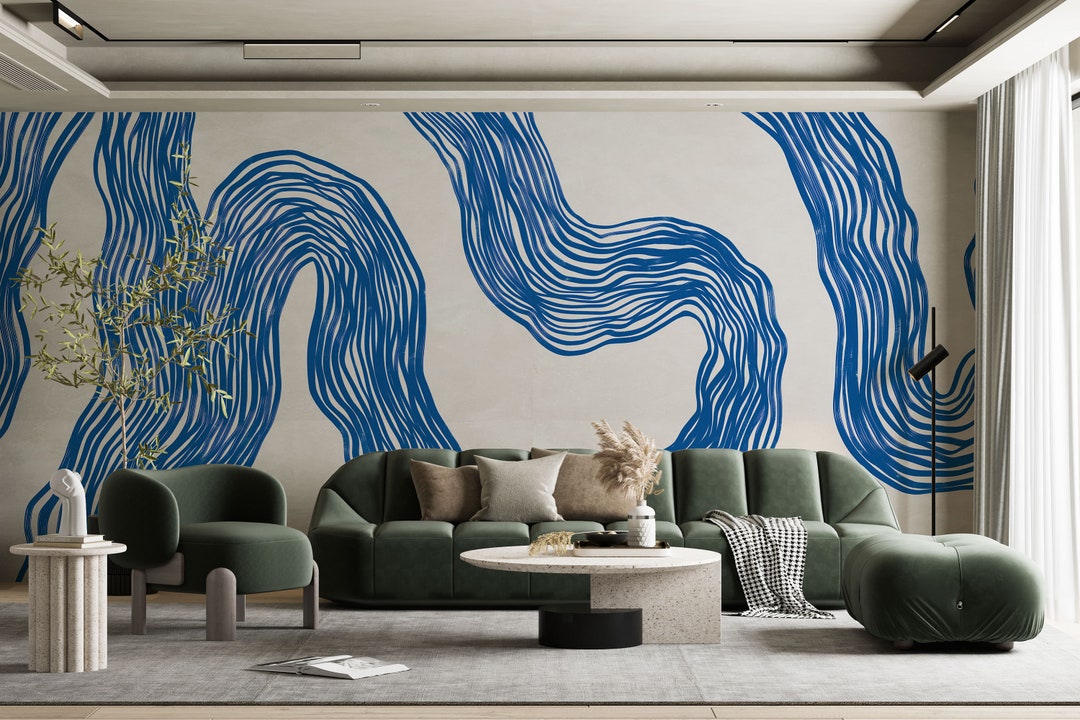 Blue Abstract Sketch Wall Mural, Brush Flowline Wallpaper, Modern ...
