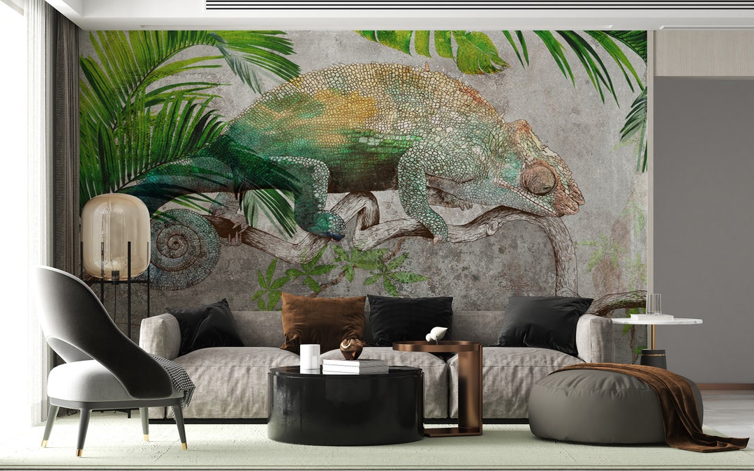 Tropical Chameleon Wallpaper: Palm Leaves, Concrete Wall Mural - Etsy