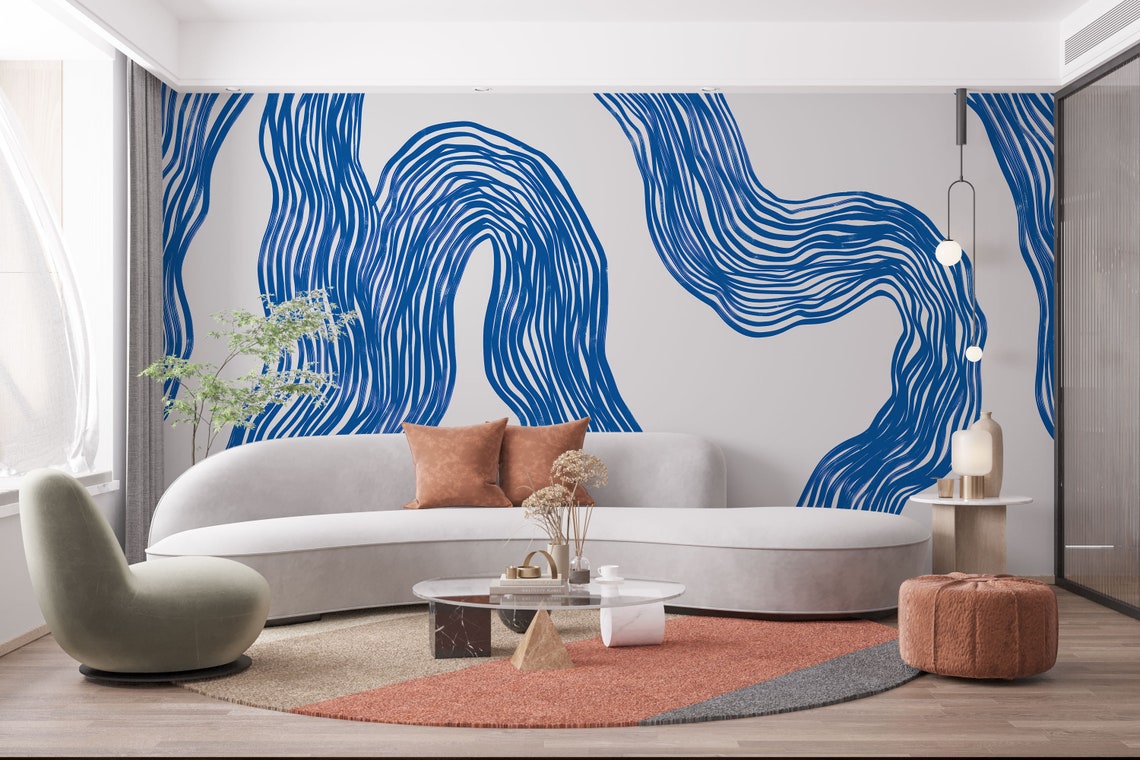 Blue Abstract Sketch Wall Mural, Brush Flowline Wallpaper, Modern ...