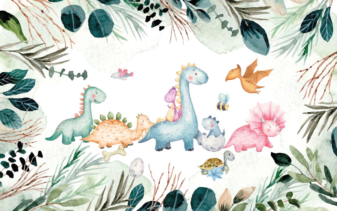 Cute Baby Dinosaur Nursery Wallpaper Tropical Leaves and - Etsy