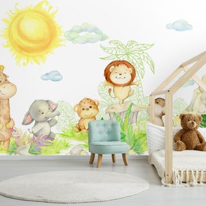 Cute Watercolor Summer Animals Wallpaper, Nursery Wall Mural Sunny Day ...