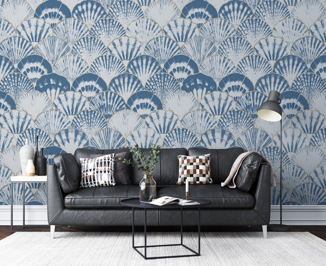 Blue Oyster Shell Wallpaper: Gold Line Art Deco, Peel and Stick - Etsy