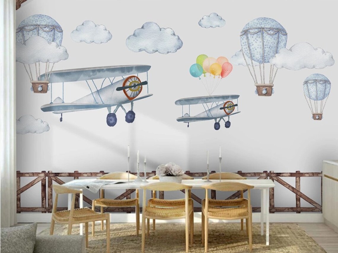 Pastel Color Aircraft Kids Room Wallpaper Plane and Air - Etsy