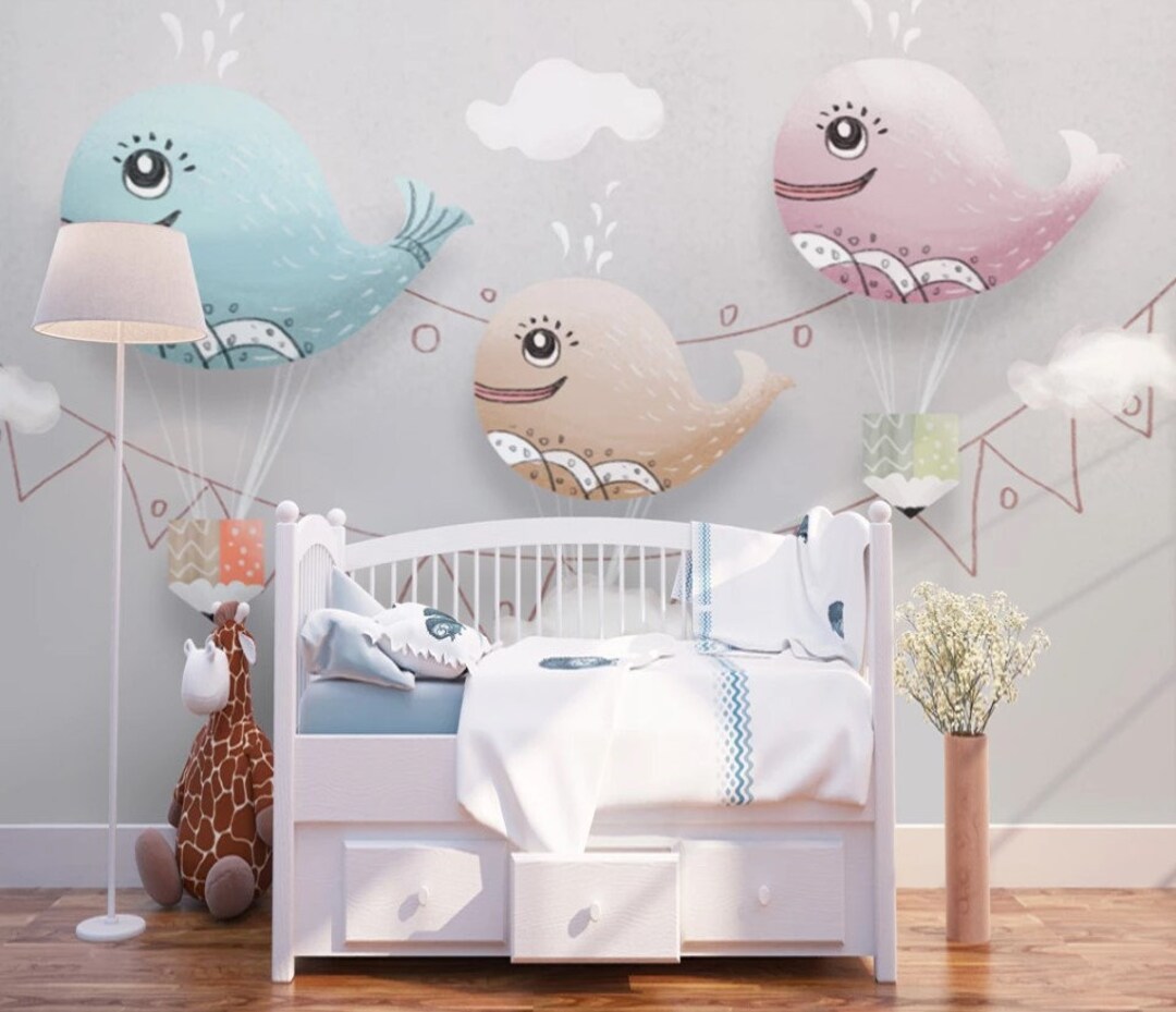 Cute Whale Nursery Wallpaper Neutral Grey Background Kids Room Wall ...