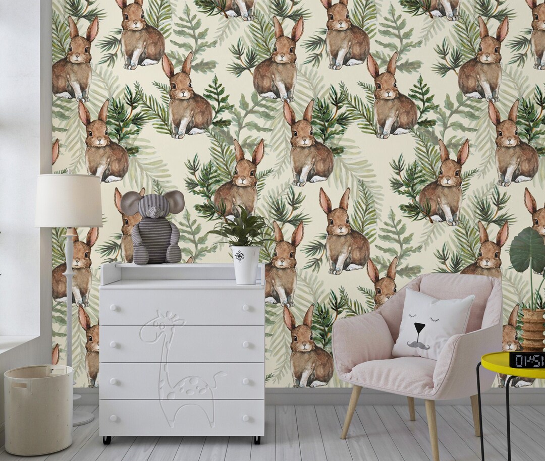Woodland Bunny Kids Wallpaper, Pastel Color Cute Bunny Wall Mural ...