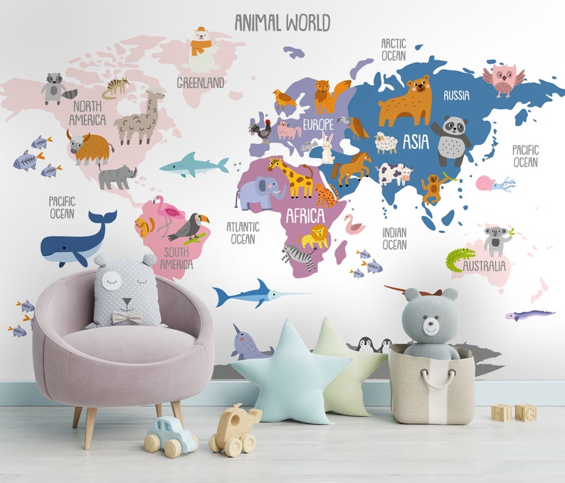 Pastel Color World Map Wallpaper for Kids Room Animal Map - Etsy