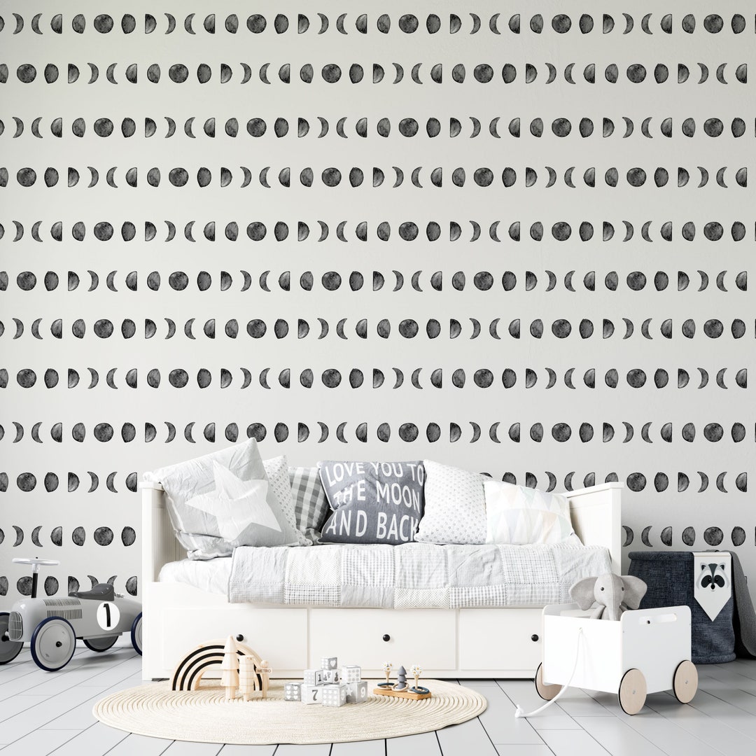 Watercolor Moon Phase Wallpaper: Minimalist Nursery Wall Mural - Etsy