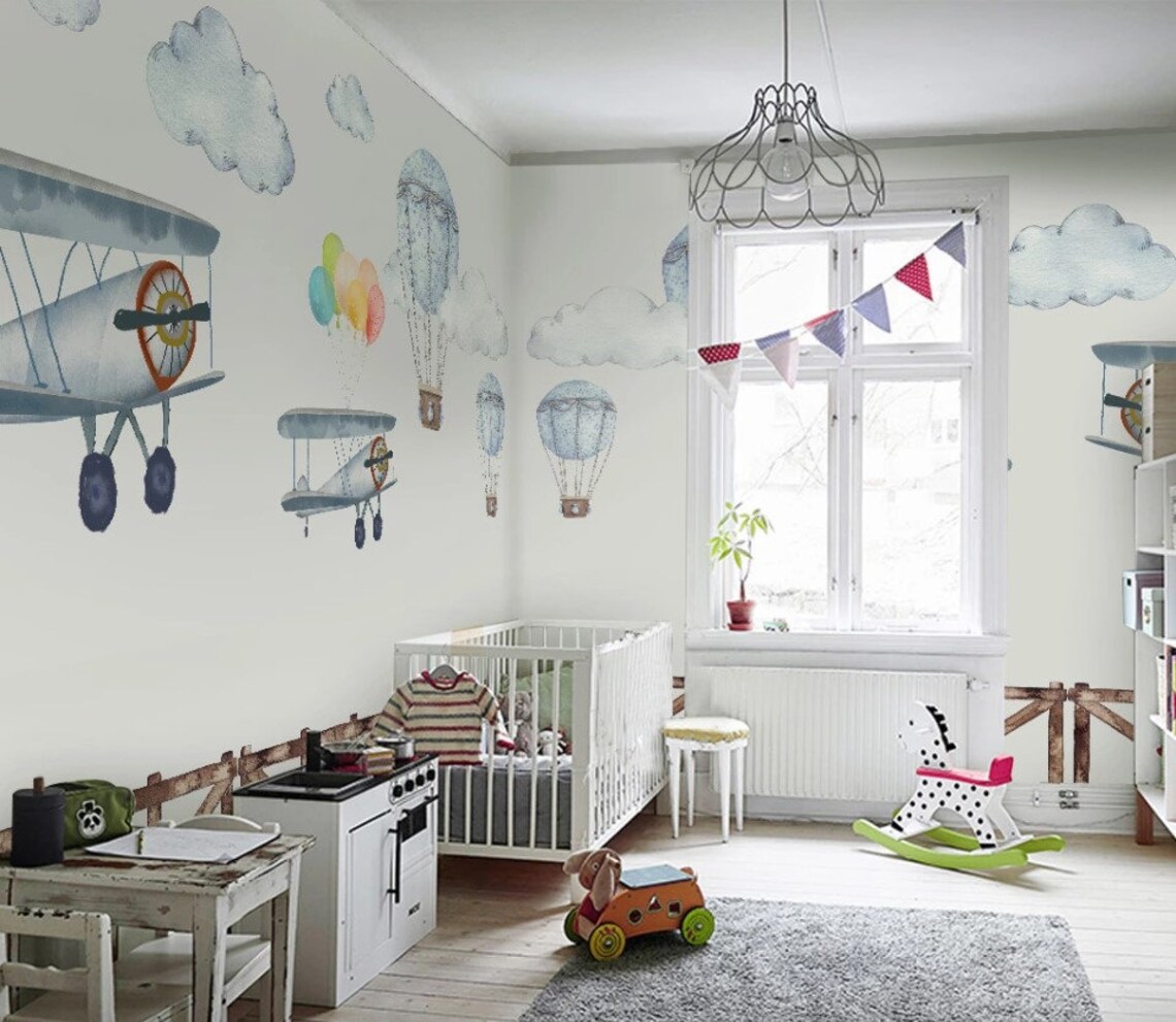 Pastel Color Aircraft Kids Room Wallpaper Plane and Air - Etsy