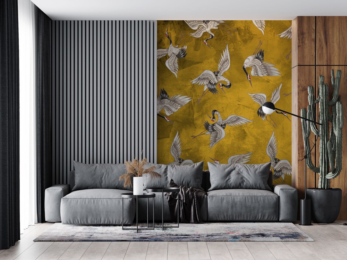 Crane Birds Wallpaper: Yellow Heron Wall Mural (peel and Stick) - Etsy